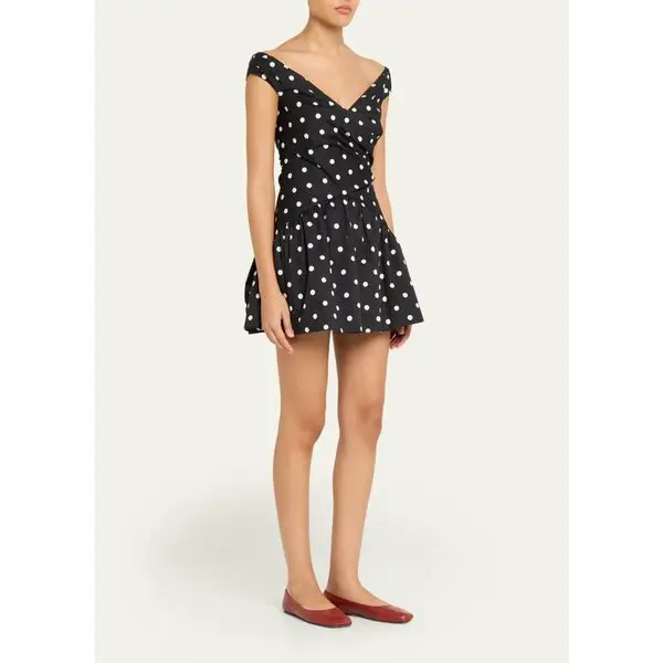 SELF-PORTRAIT Polka-dot Gathered Off-shoulder Mini Dress - Black