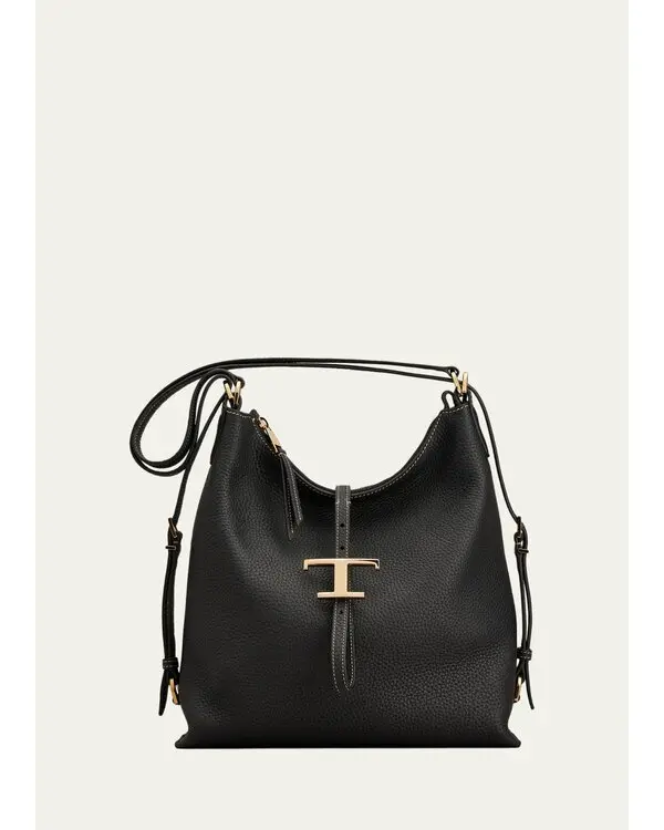 TOD'S T Timeless Grain Leather Shoulder Bag - Nero