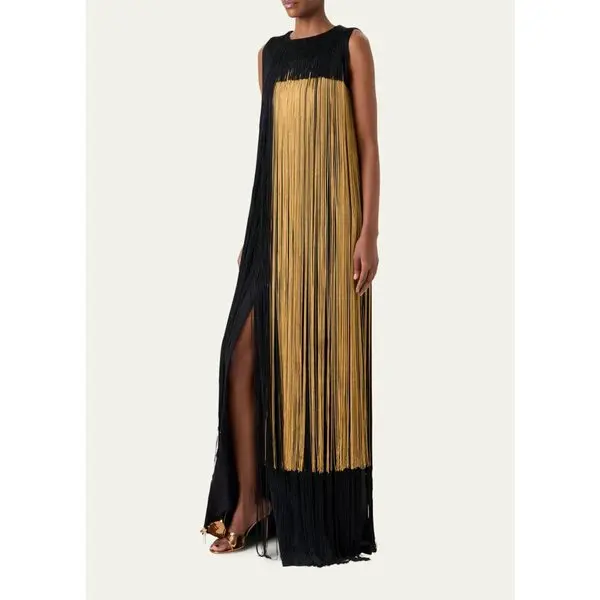 Akris Colorblock Oro Lienzo Fringe Column Gown