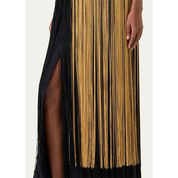 Akris Colorblock Oro Lienzo Fringe Column Gown