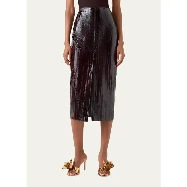 Akris Lacquered Eel Leather Slit Midi Pencil Skirt