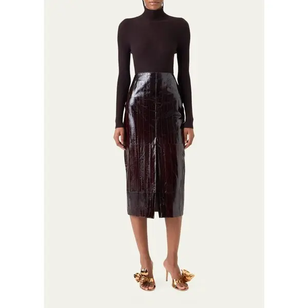 Akris Lacquered Eel Leather Slit Midi Pencil Skirt