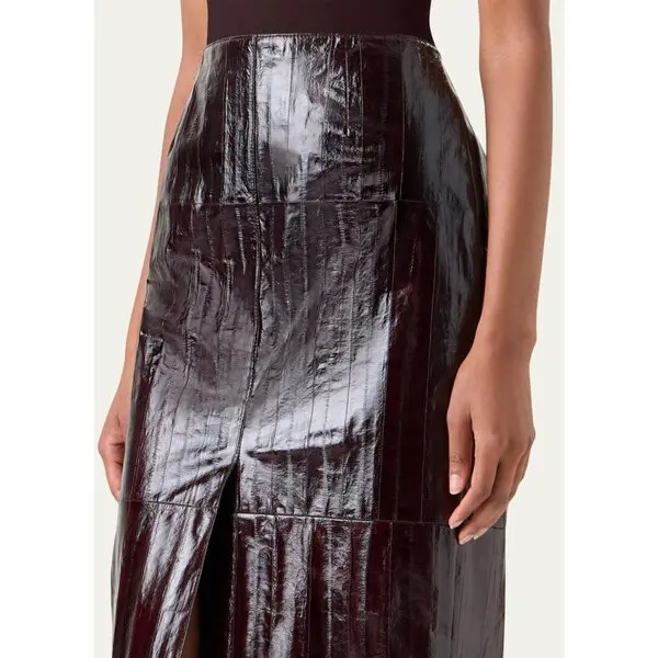 Akris Lacquered Eel Leather Slit Midi Pencil Skirt