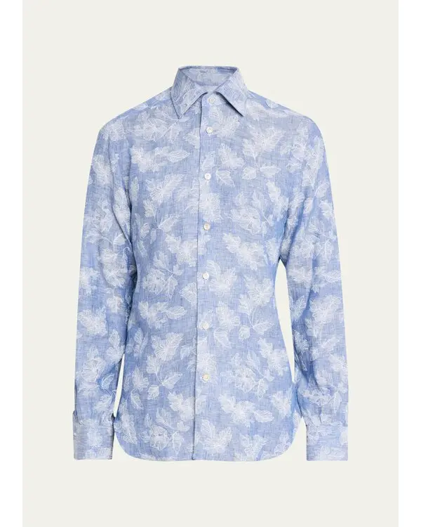 Kiton Floral Linen Button-down Shirt - Light Blue