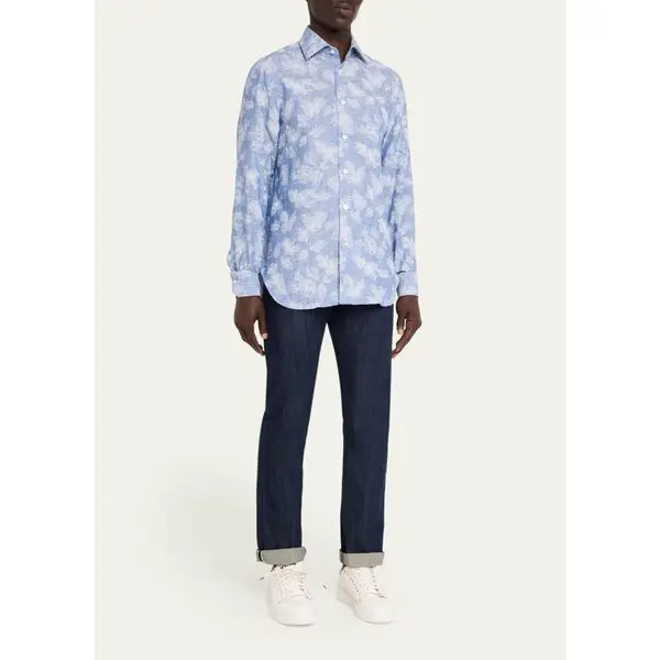 Kiton Floral Linen Button-down Shirt - Light Blue