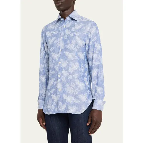 Kiton Floral Linen Button-down Shirt - Light Blue