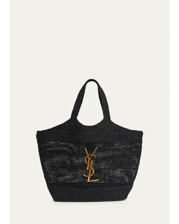 Saint Laurent Icare Medium Crochet Raffia Tote Bag - Nero