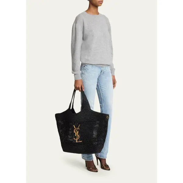 Saint Laurent Icare Medium Crochet Raffia Tote Bag - Nero