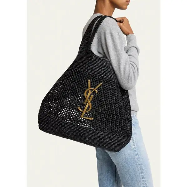 Saint Laurent Icare Medium Crochet Raffia Tote Bag - Nero