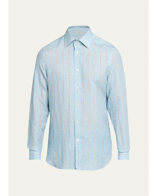 Kiton Linen Stripe Button-down Shirt With Mother-of-pearl