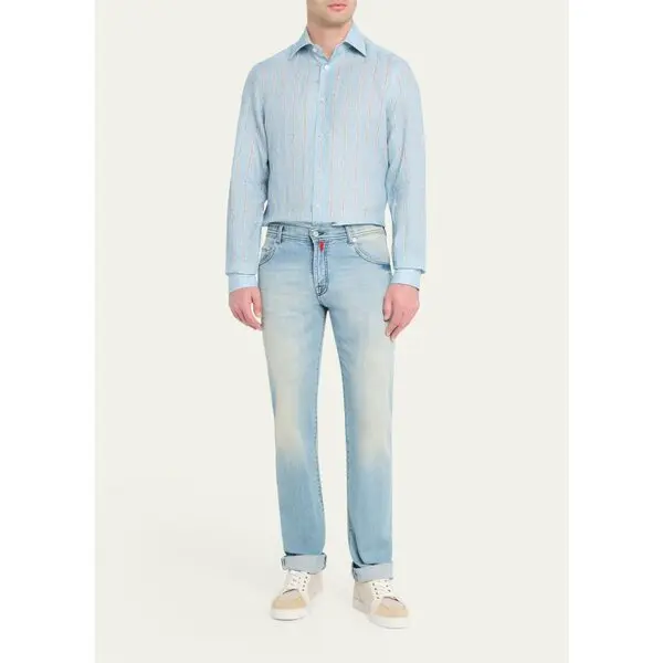 Kiton Linen Stripe Button-down Shirt With Mother-of-pearl