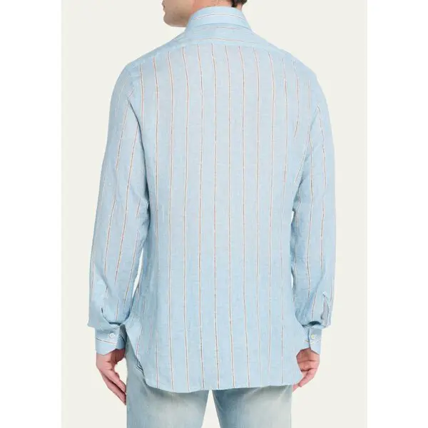 Kiton Linen Stripe Button-down Shirt With Mother-of-pearl