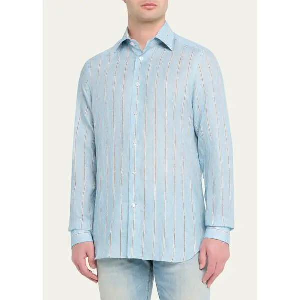 Kiton Linen Stripe Button-down Shirt With Mother-of-pearl