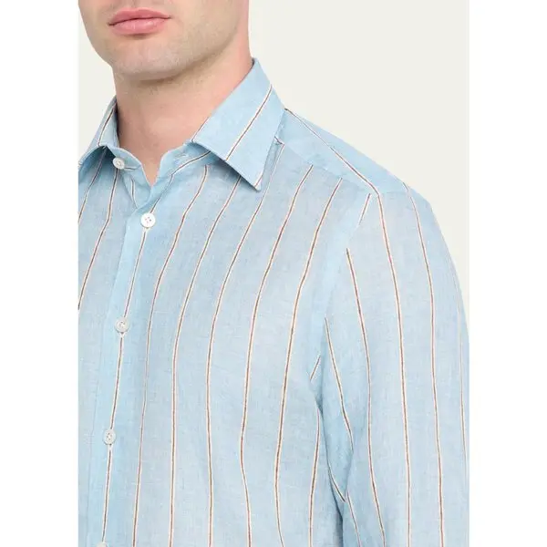 Kiton Linen Stripe Button-down Shirt With Mother-of-pearl