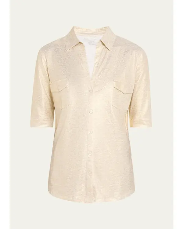 Majestic Filatures Button-down Metallic Stretch Linen Shirt - Gold
