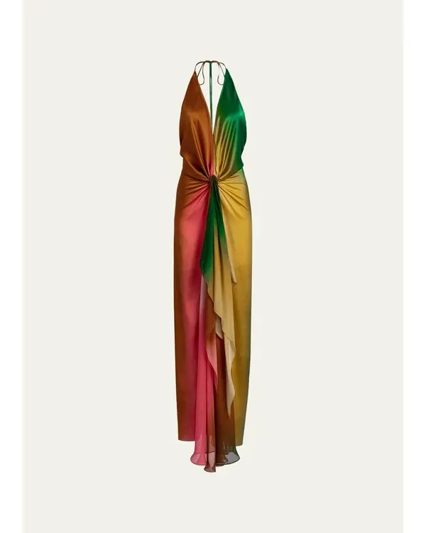 Silvia Tcherassi Dixon Twisted Satin Plunging Halter Maxi Dress
