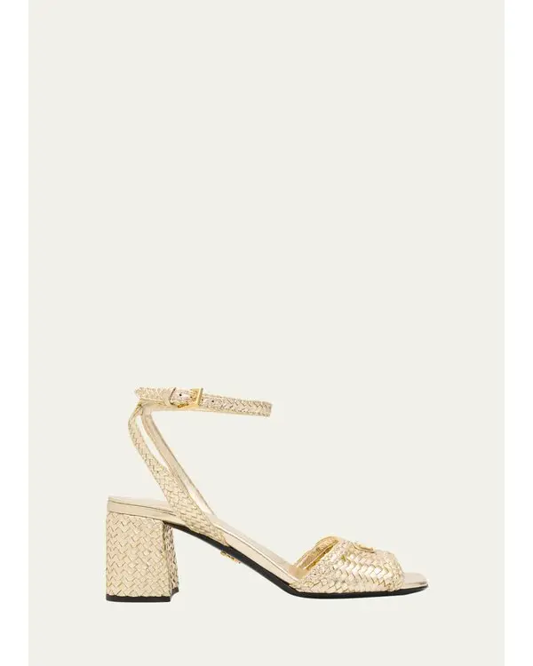 Prada 65mm Madras Woven Metallic Leather Ankle-strap Sandals - Pirite