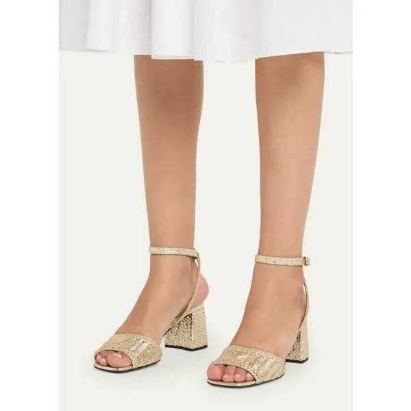 Prada 65mm Madras Woven Metallic Leather Ankle-strap Sandals - Pirite