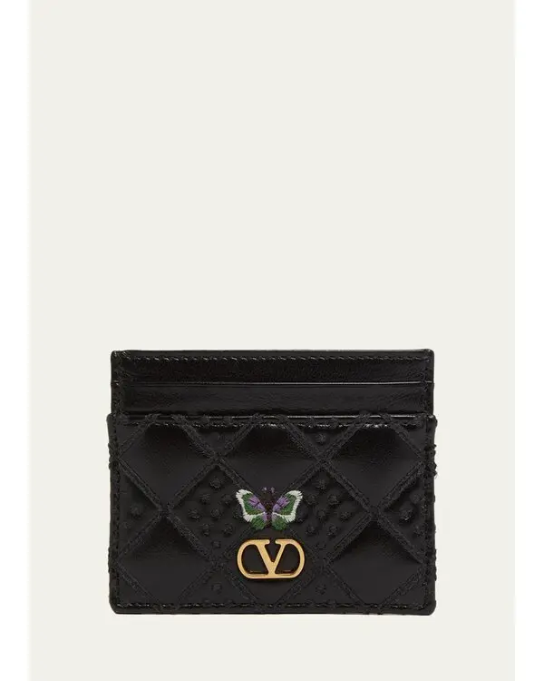 Valentino Garavani Butterfly-embroidered Quilted Leather Card Holder - Nero