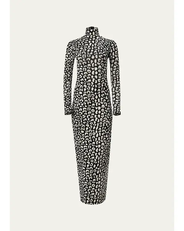 Carolina Herrera Long-sleeve Leopard Maxi Turtleneck Dress - Black Multi