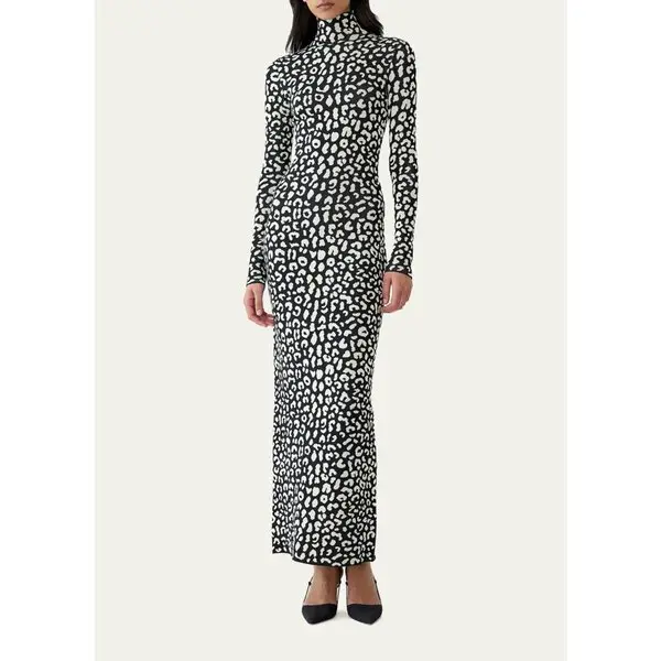 Carolina Herrera Long-sleeve Leopard Maxi Turtleneck Dress - Black Multi