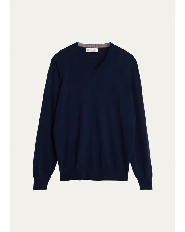 Brunello Cucinelli Cashmere Classic Fit V-neck Sweater - Navy