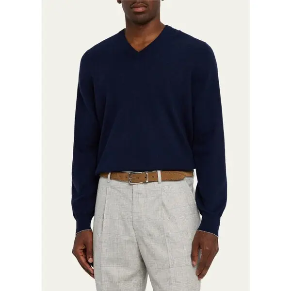 Brunello Cucinelli Cashmere Classic Fit V-neck Sweater - Navy