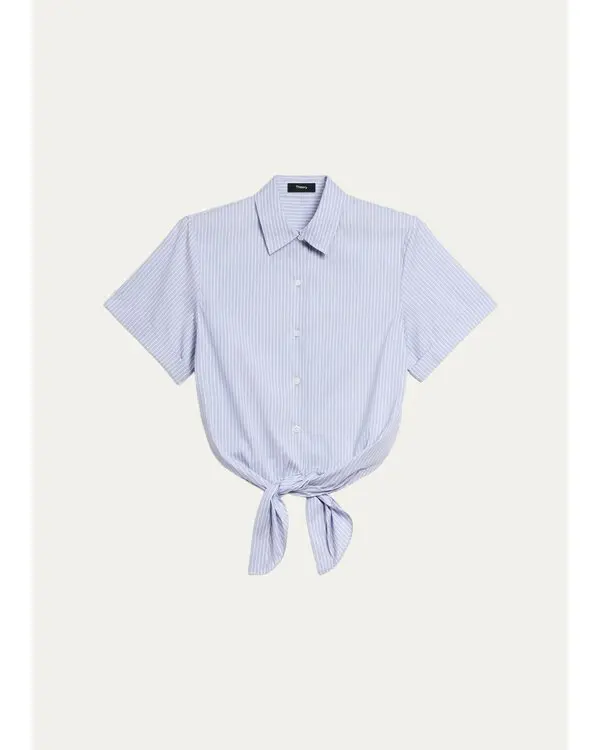 Theory Pinstripe Cotton-blend Tie Shirt - Blue Multi
