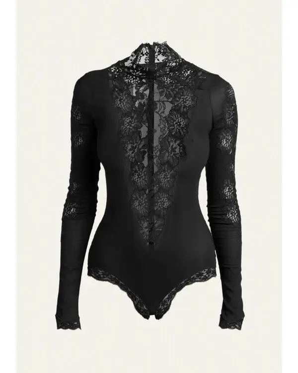 Valentino Garavani Turtleneck Lace & Jersey Long-sleeve Bodysuit - Nero