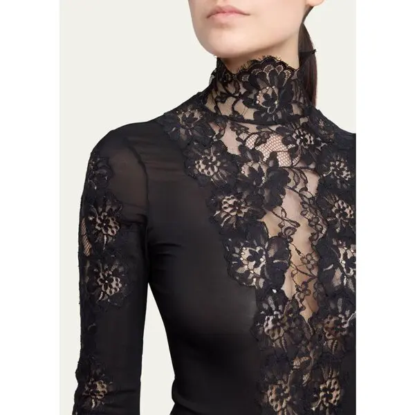 Valentino Garavani Turtleneck Lace & Jersey Long-sleeve Bodysuit