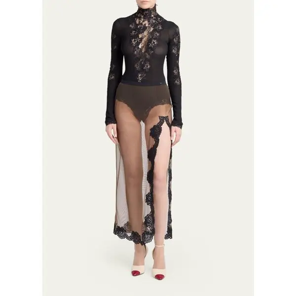 Valentino Garavani Turtleneck Lace & Jersey Long-sleeve Bodysuit