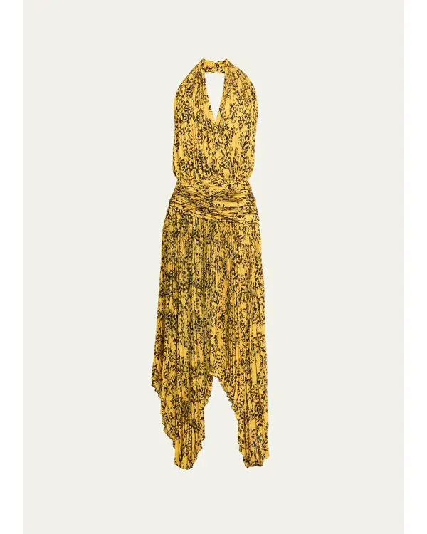 Proenza Schouler Paulina Pleated Halter Handkerchief Maxi Dress - Gold Multi