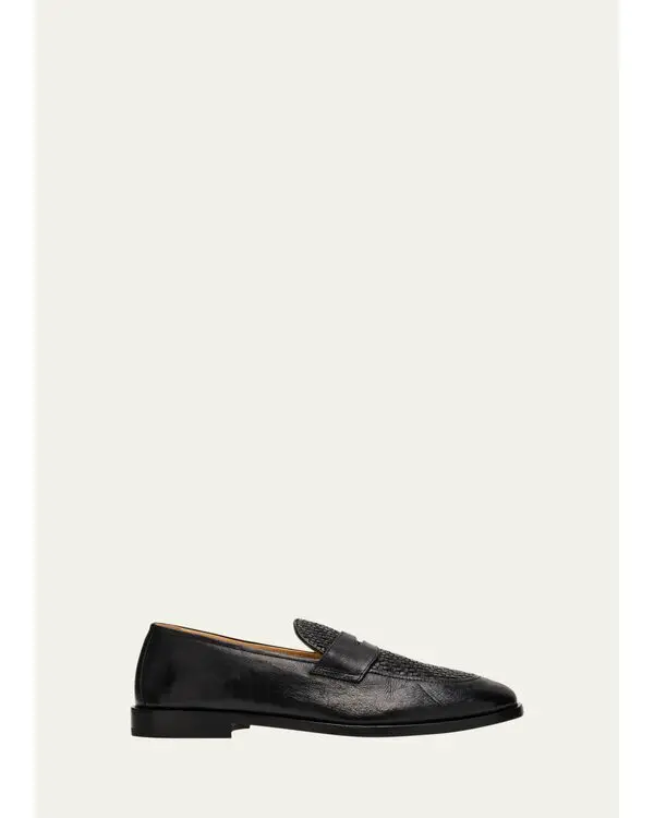 Brunello Cucinelli Woven Vamp Leather Penny Loafers - Black