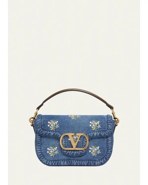 Valentino Garavani Alltime Floral-embroidered Denim Shoulder Bag