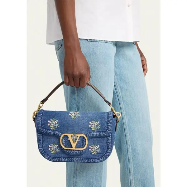 Valentino Garavani Alltime Floral-embroidered Denim Shoulder Bag