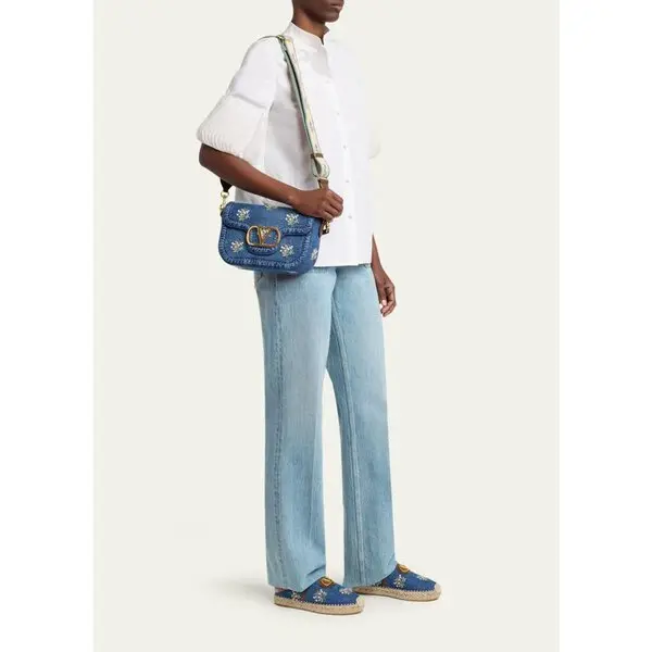Valentino Garavani Alltime Floral-embroidered Denim Shoulder Bag