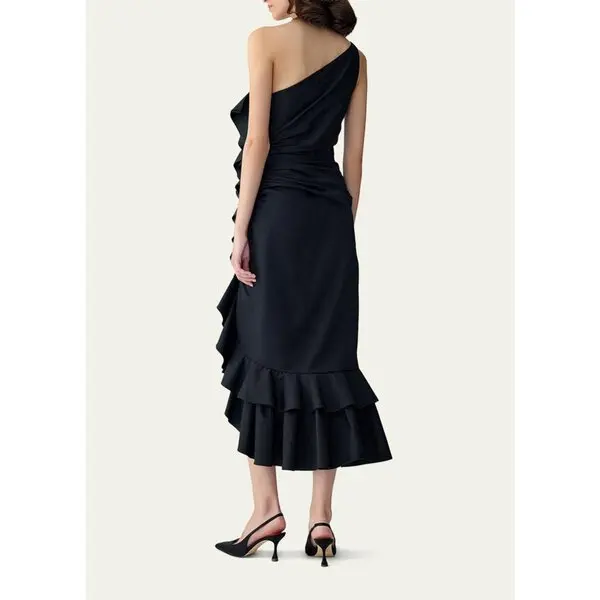 Carolina Herrera One-shoulder Ruched Ruffle Midi Dress