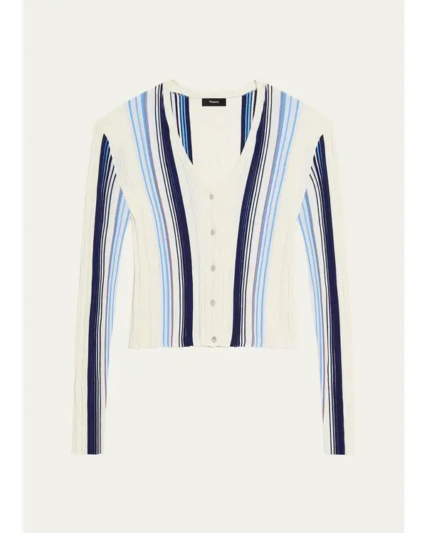 Theory Striped Long-sleeve Knit Cardigan - Navy Multi