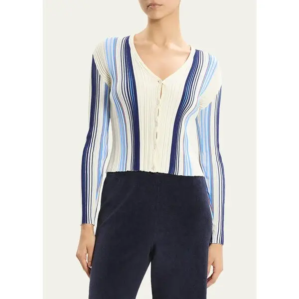 Theory Striped Long-sleeve Knit Cardigan - Navy Multi