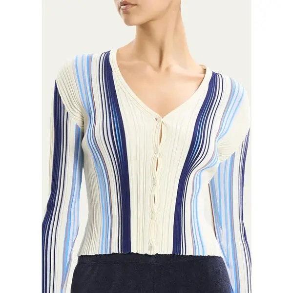 Theory Striped Long-sleeve Knit Cardigan - Navy Multi