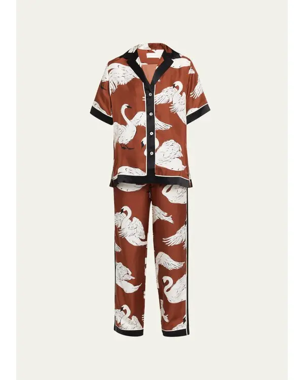 Olivia Von Halle Tilda Swan-print Silk Twill Pajama Set - Ines