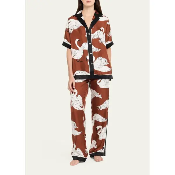 Olivia Von Halle Tilda Swan-print Silk Twill Pajama Set