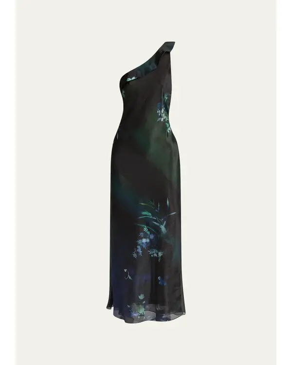 Giorgio Armani One-shoulder Floral Silk Maxi Slip Dress - Black