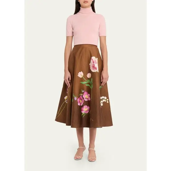 Oscar De La Renta Mixed Botanical Print Cotton Midi Skirt