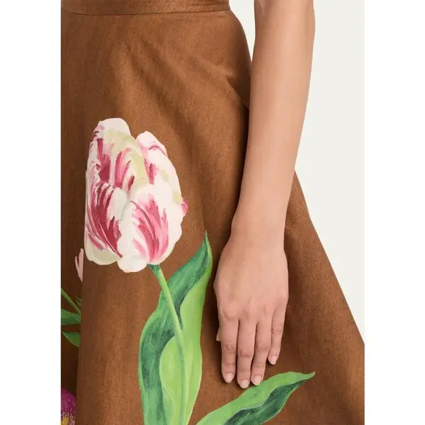Oscar De La Renta Mixed Botanical Print Cotton Midi Skirt