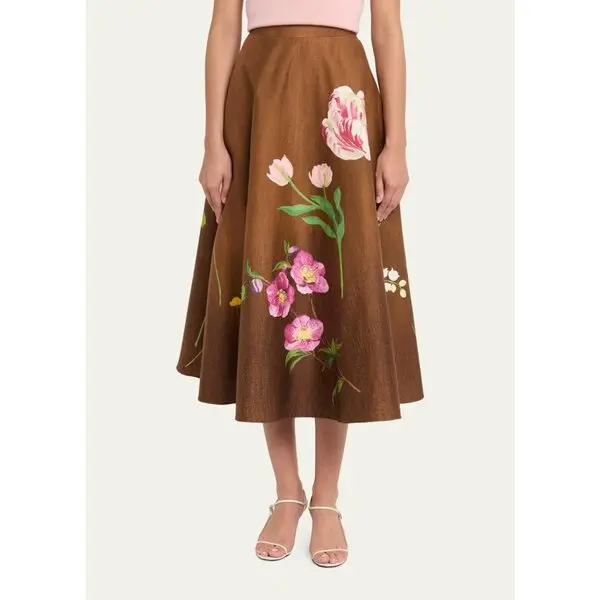 Oscar De La Renta Mixed Botanical Print Cotton Midi Skirt