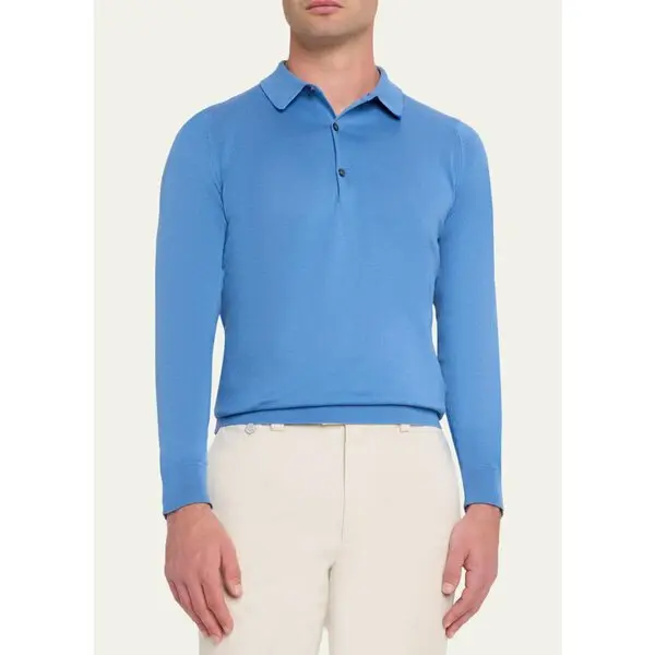 John Smedley Solid Long-sleeve Polo Shirt - Skye Blue