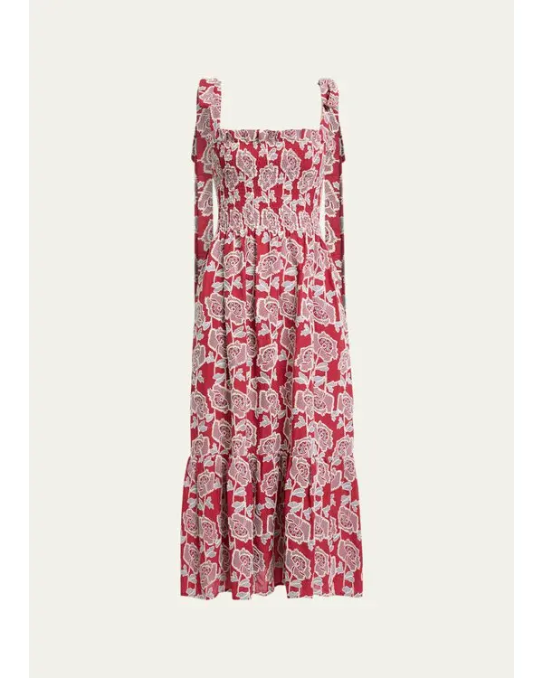 Erdem Floral Embroidered Cotton Smocked Sleeveless Midi Dress - Cherry