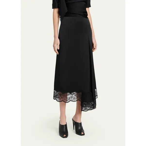 Alexander McQueen Asymmetric Lace-trim Satin Midi Skirt