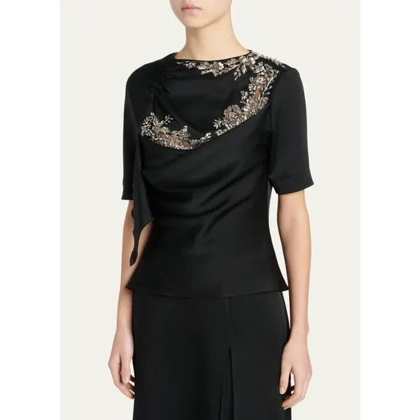 Alexander McQueen Embroidered Lace Draped Silk Top